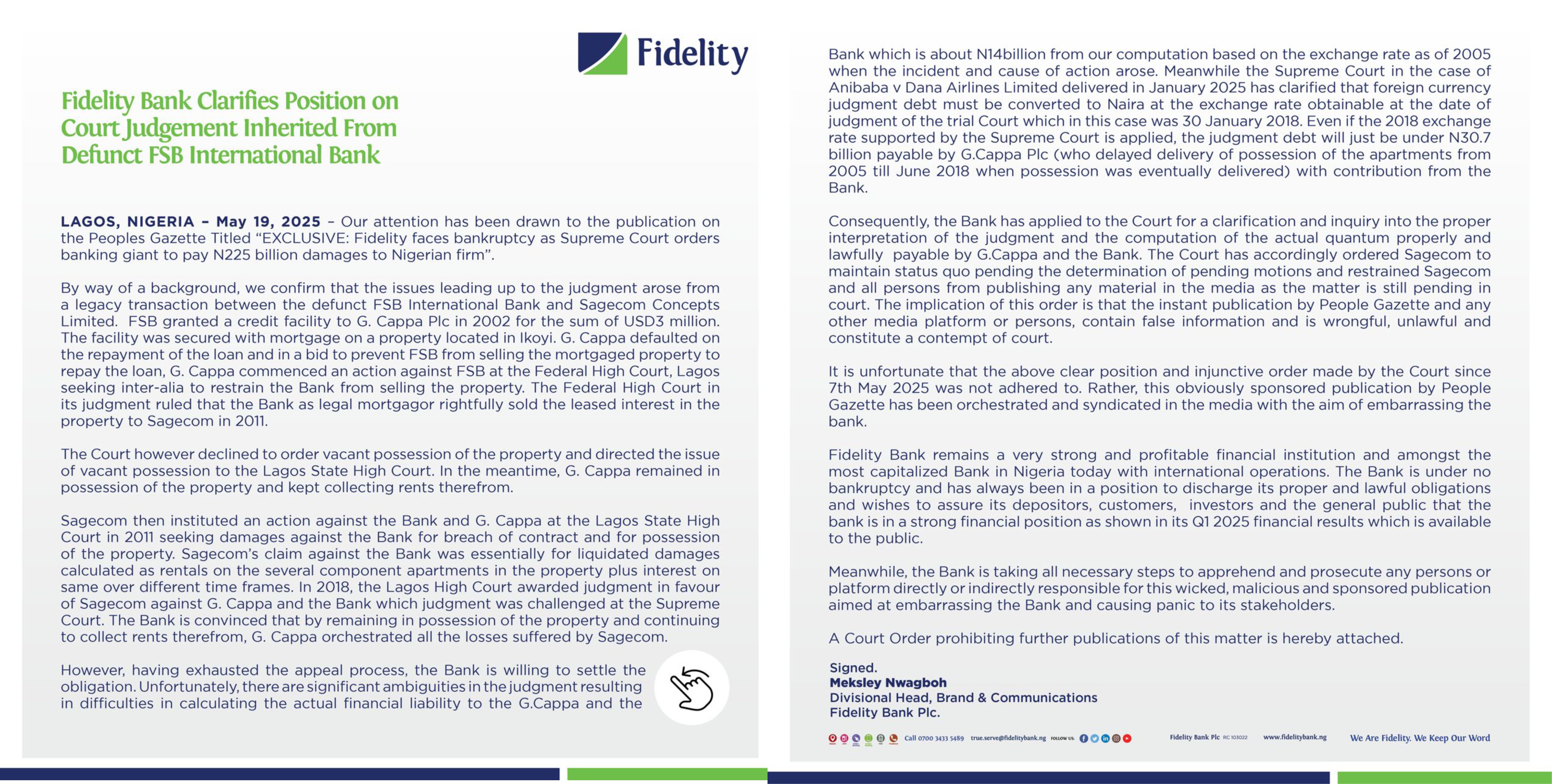 Fidelity Bank, CBN Issue Statements on Alleged Delicate Financial ...